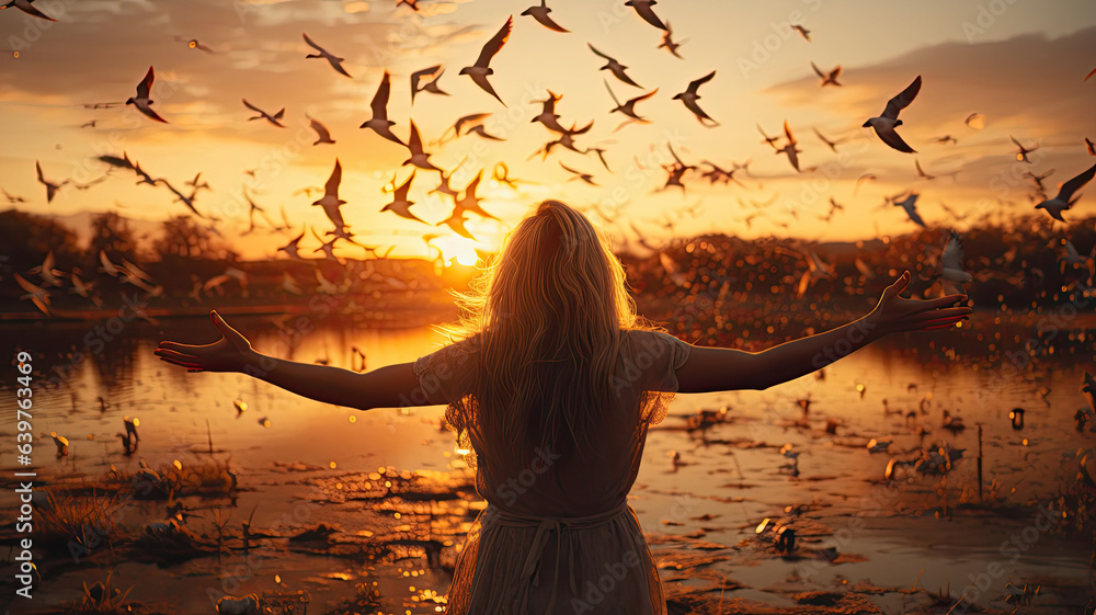 Woman praying and free the birds flying on sunset background, hope ...