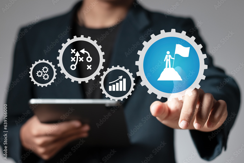 Success planning concept, Businessman analyzing business process and ...