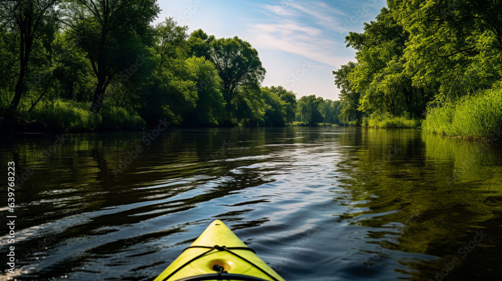 canoe on the river, A serene scene of kayaking down a calm river on a ...