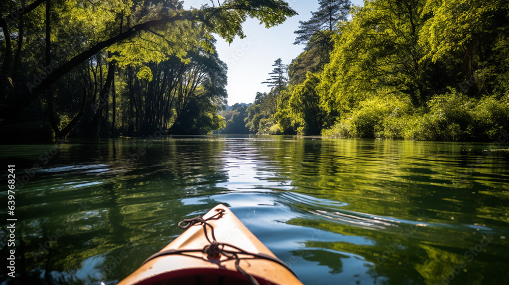 canoe on the river, A serene scene of kayaking down a calm river on a ...
