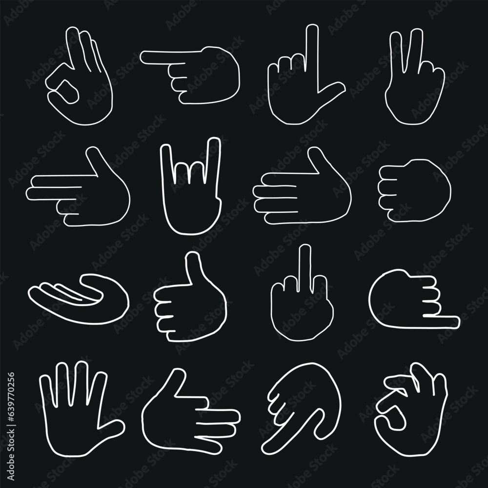 Hand gestures icons set. Set of Hands icons isolated on black ...