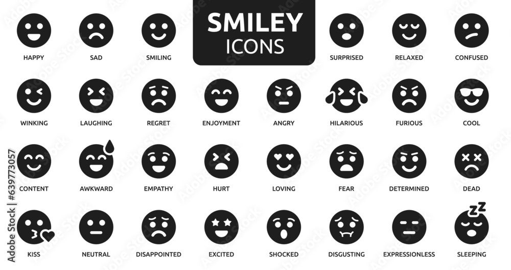 Smiley icon set. Containing happy, sad, smiling, surprised, angry ...