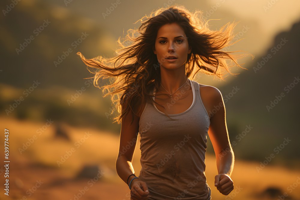 Sporty woman captured mid-stride in an open landscape, running with ...