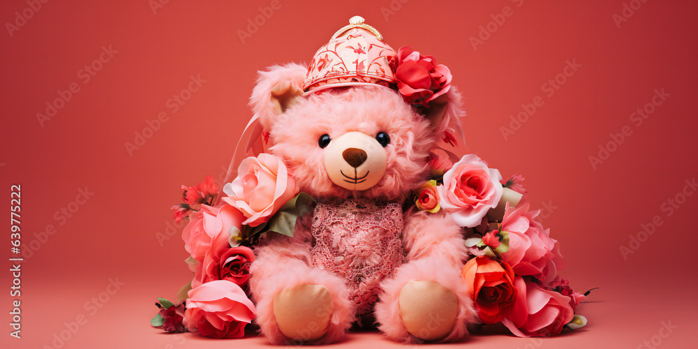 Punk Teddy Bear Toy with Roses and a Crown on a Red Background: A Bold ...