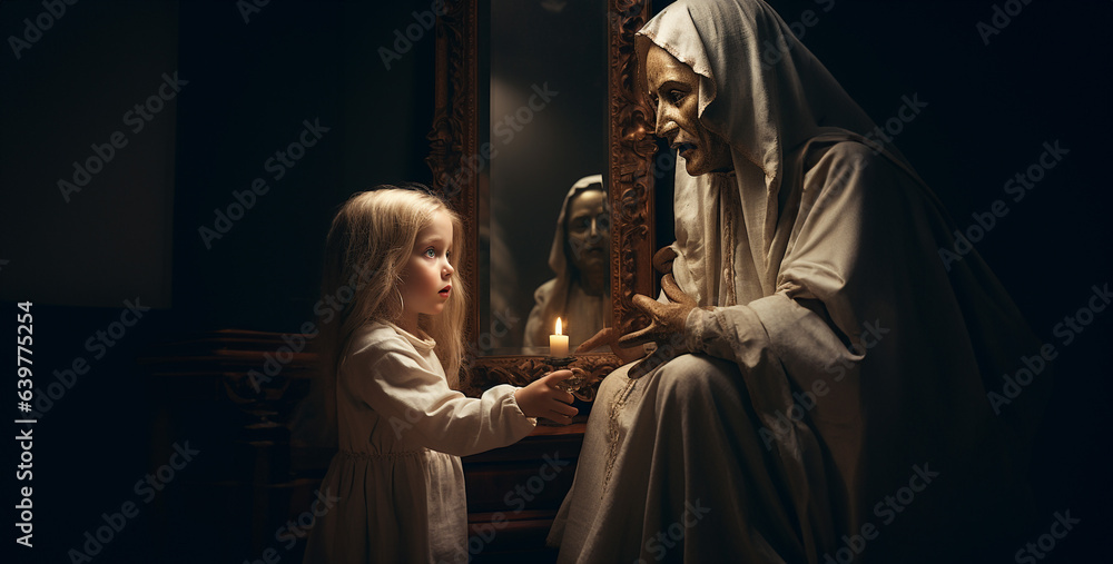 horrified child staring in the mirror playing mother hd wallpaper Stock ...