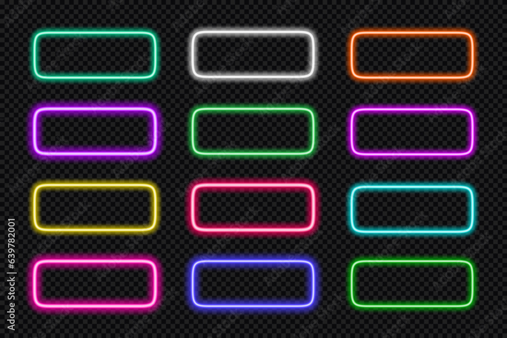 Neon frame rounded rectangle set. Glowing coloful rectangular border ...