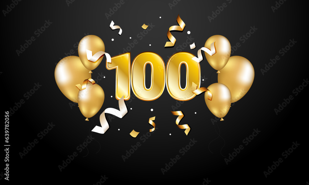 Gold numbers 100 and gold balloons and streamers. Anniversary. Stock ...