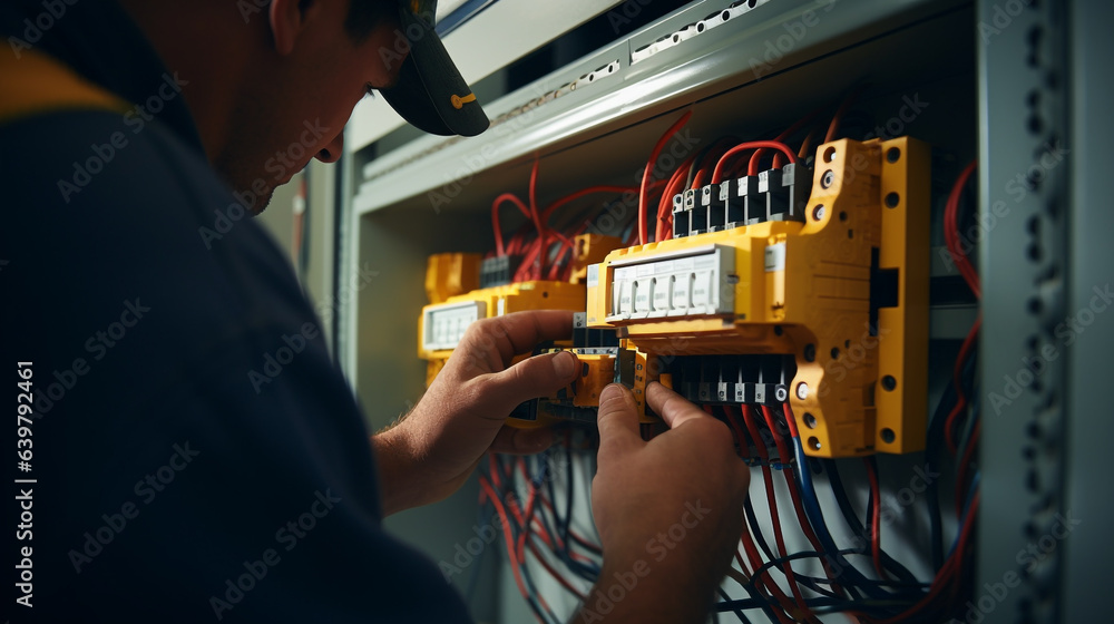 electrical engineer checks the voltage of electric current pasted ...