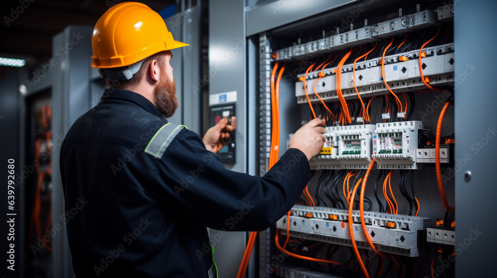 electrical engineer checks the voltage of the electric current at the ...