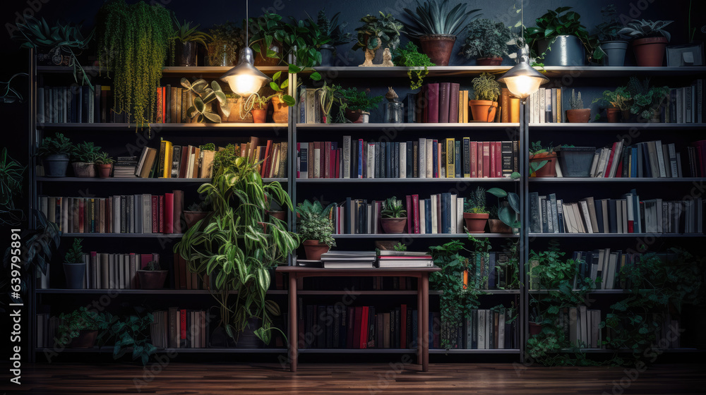 A contemporary-style bookshelf adorned with plants that serves as a ...
