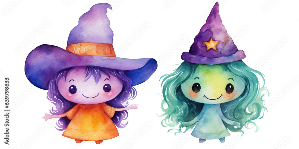 Halloween cute Little witch costume clipart, watercolor cute cartoon ...