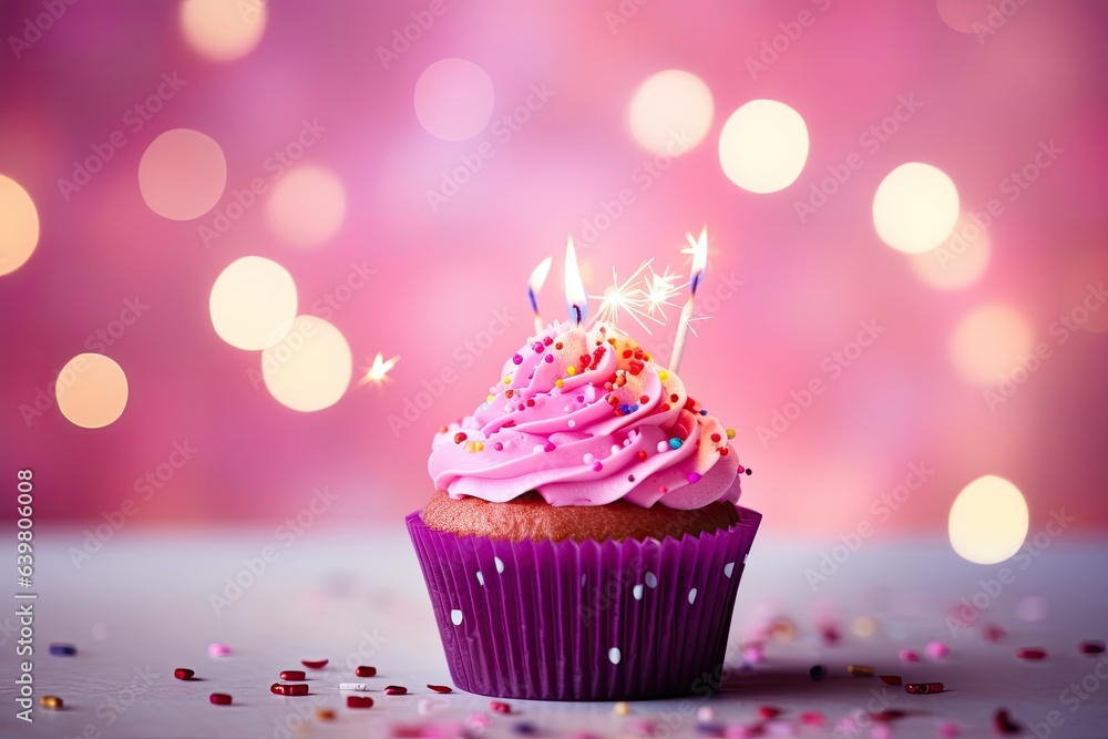 Birthday cupcake with burning candle on bokeh lights background ...