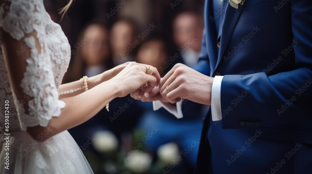The groom (man) puts a ring on the finger of his left hand to the bride ...
