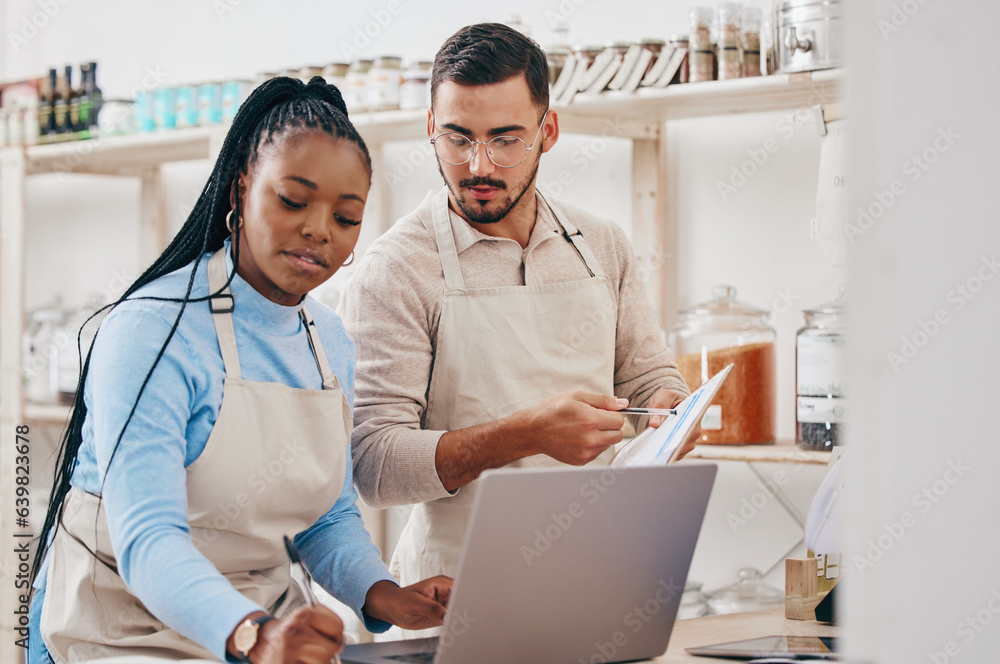 Grocery store, staff and inventory checklist with laptop at a ...