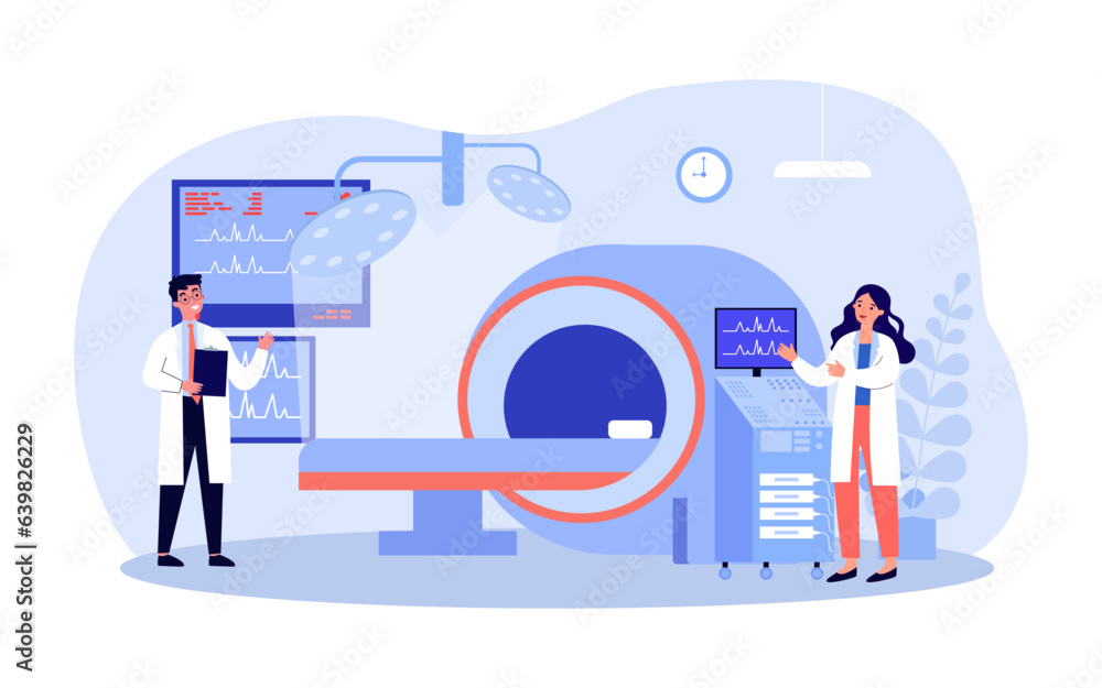 Doctors presenting MRI machine in hospital vector illustration. Health ...