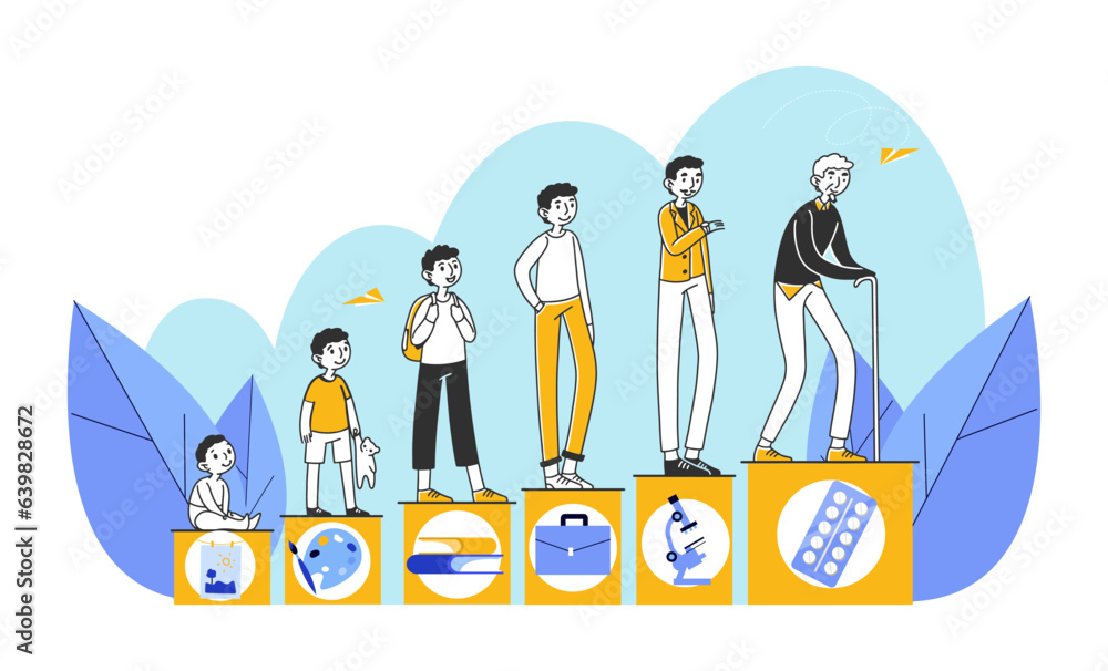 Different stages of man development vector illustration. Baby sitting ...