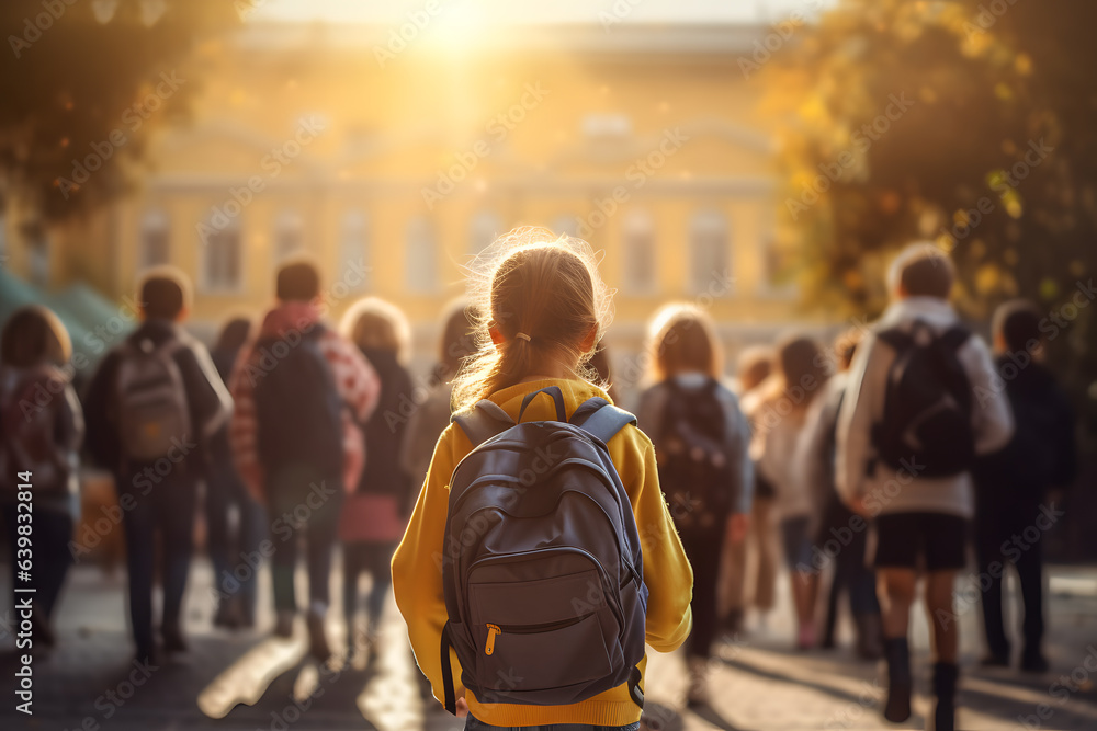 Back view of multiracial elementary schoolgirls and boys with backpacks ...