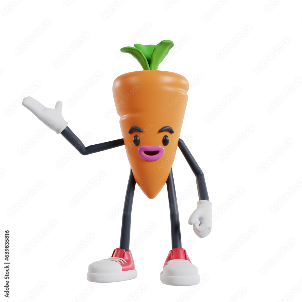 3d carrot character presenting with right hand, 3d illustration of ...