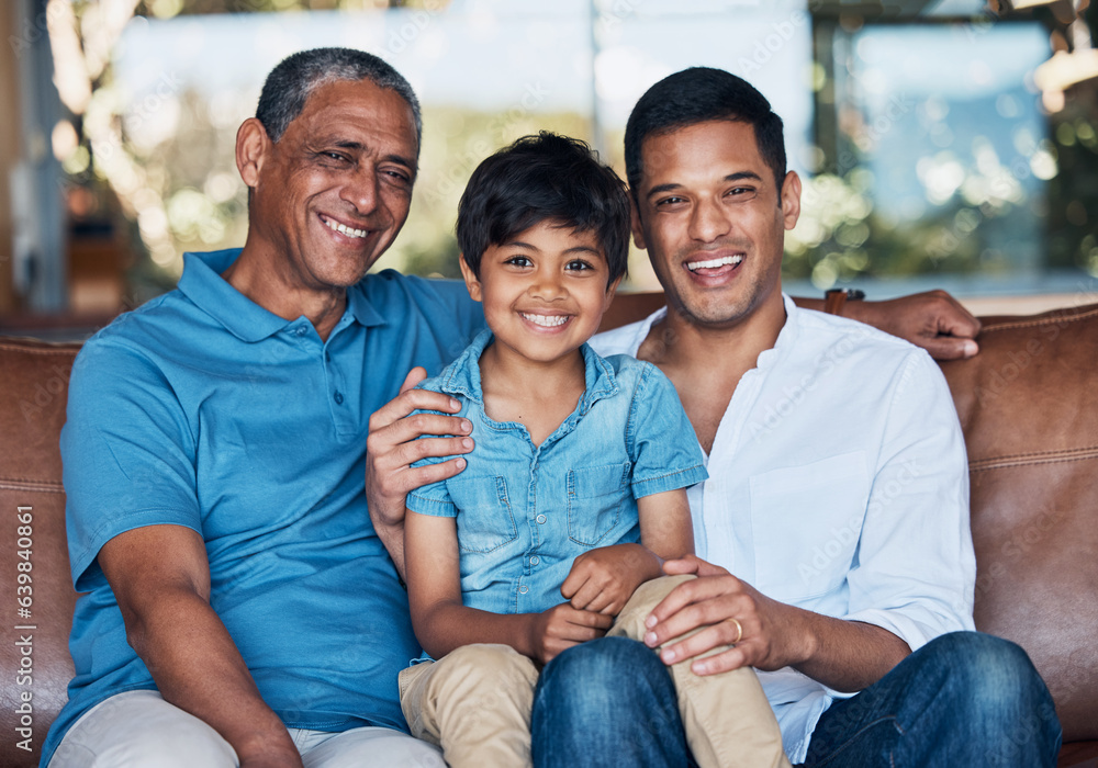 Grandfather, dad and son on sofa, portrait and smile with care, love ...