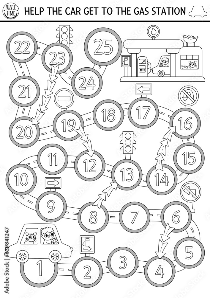 City transport black and white dice board game for children with car ...