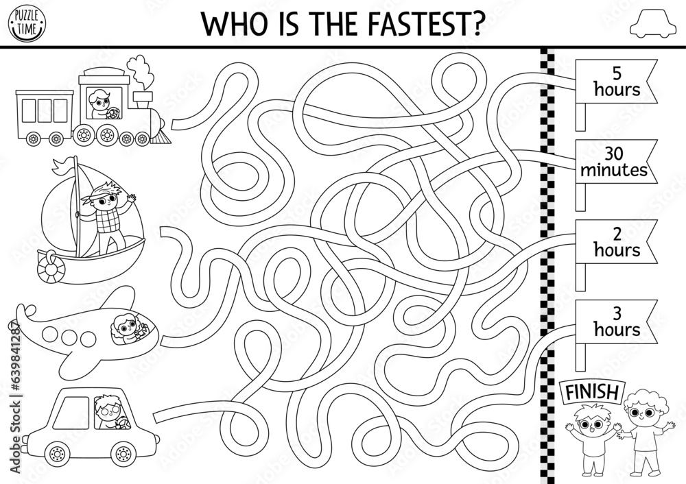 Transportation black and white maze for kids with car, train, boat ...