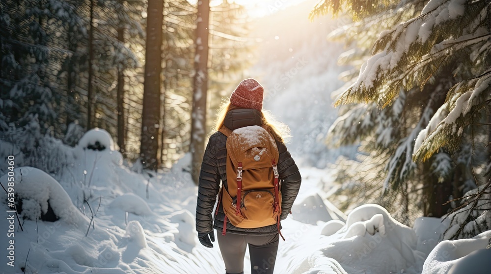 Female hiker, full body, view from behind, walking through a snowy ...