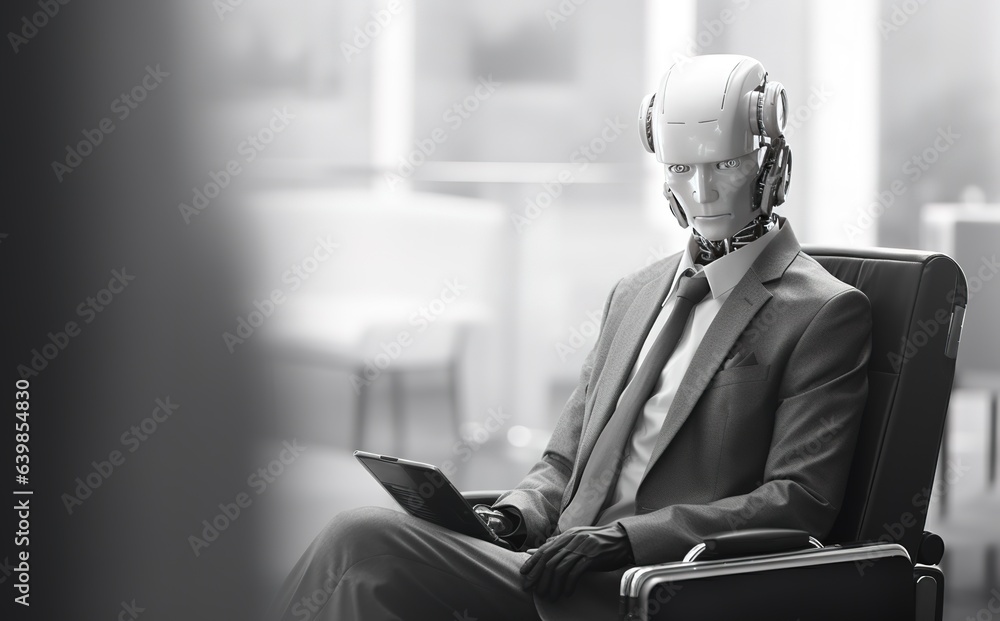 AI robot sitting down holding a briefcase waiting for a job interview Stock Illustration | Adobe ...