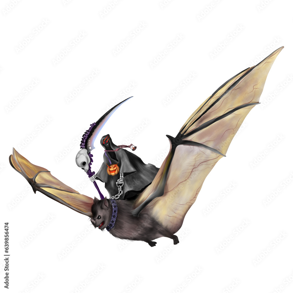 Death angle with a death scythe in his hand and halloween bat isolated ...