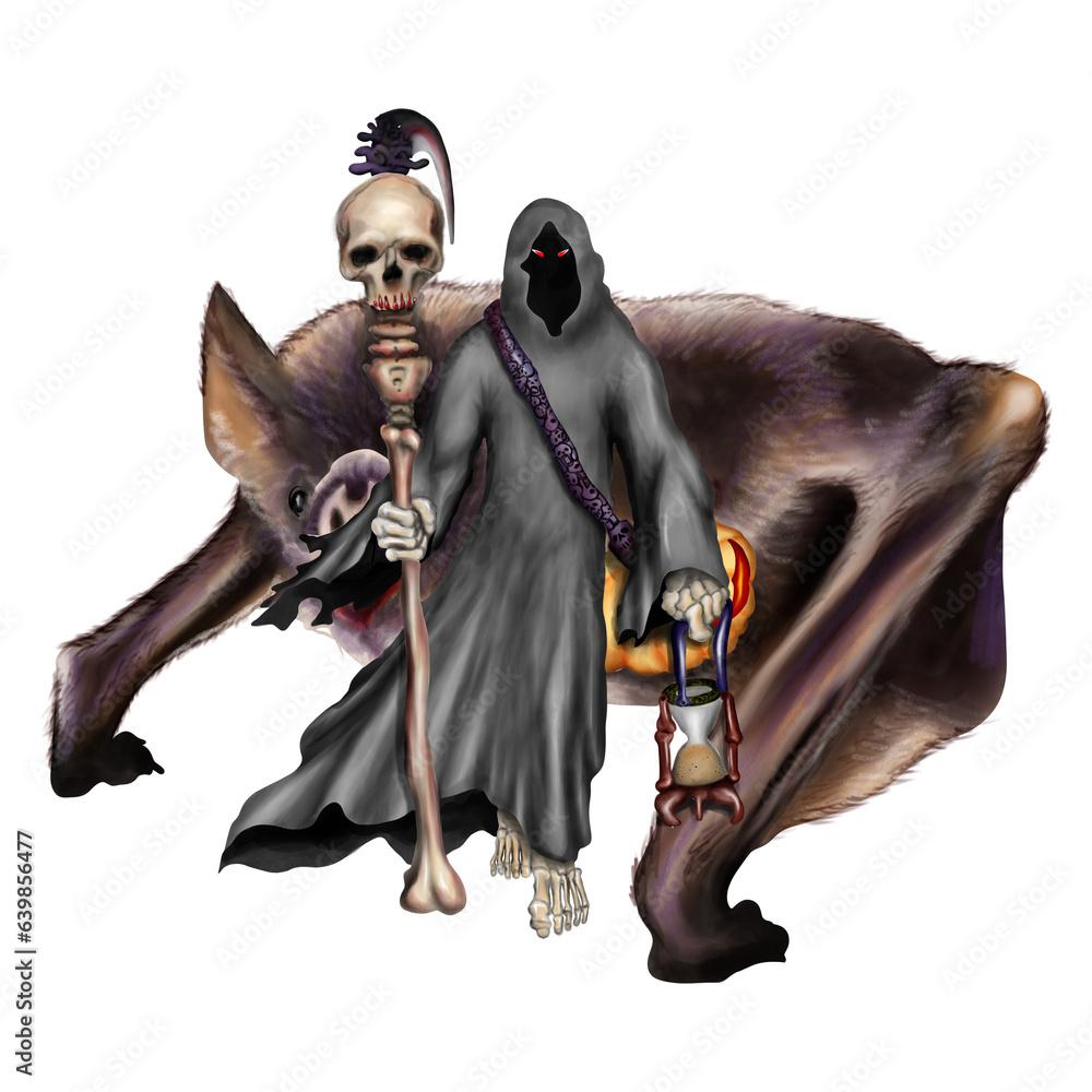 Death angle with a death scythe in his hand and halloween bat isolated ...