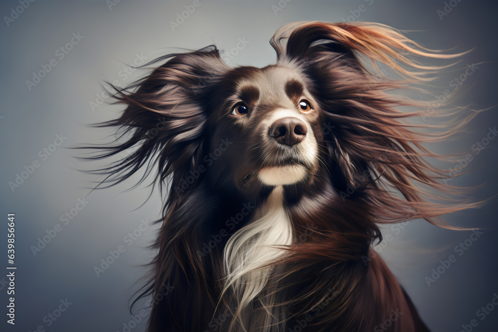dog with long brown hair blowing in wind, isolated on plain color ...
