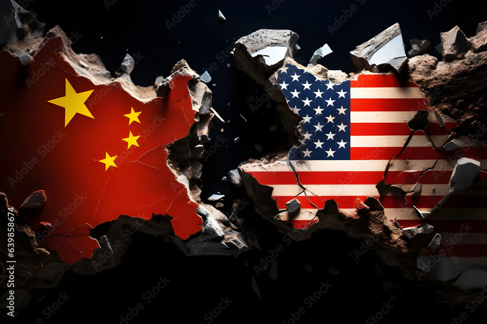 USA and China flag screen on crack wall. Symbol of economic tariffs ...