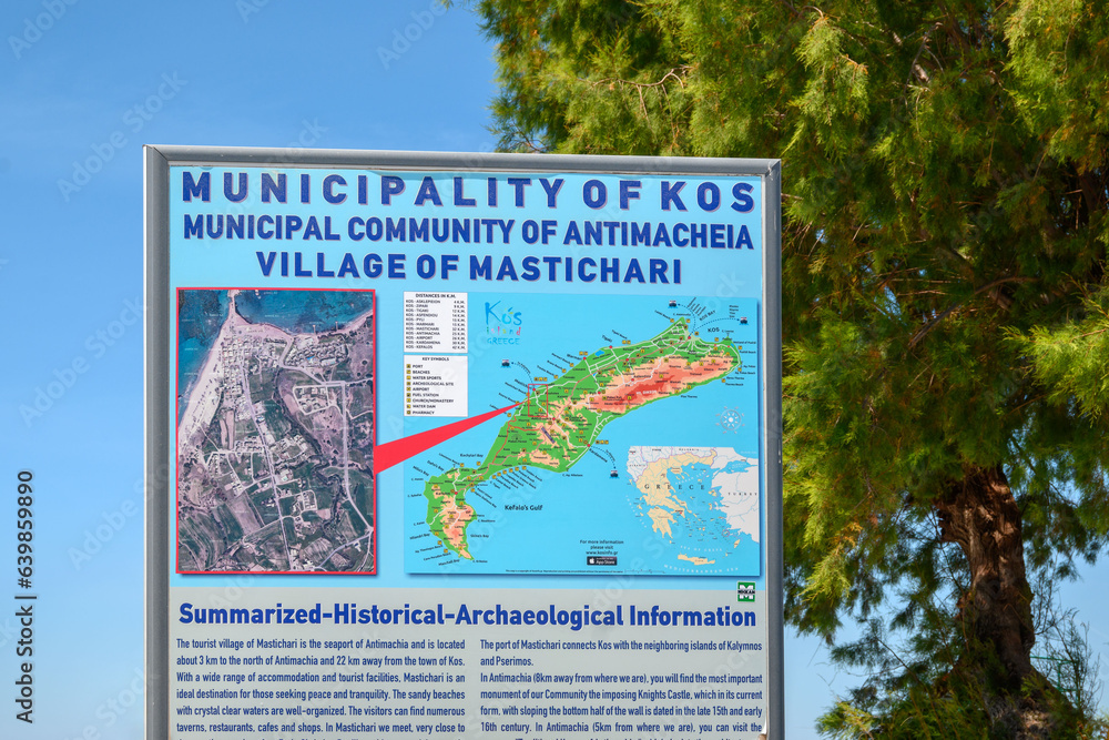 Kos, Greece - May 8, 2023: Information board with a map of the island ...