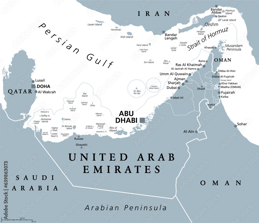 United Arab Emirates, UAE, gray political map. The Emirates, a country ...