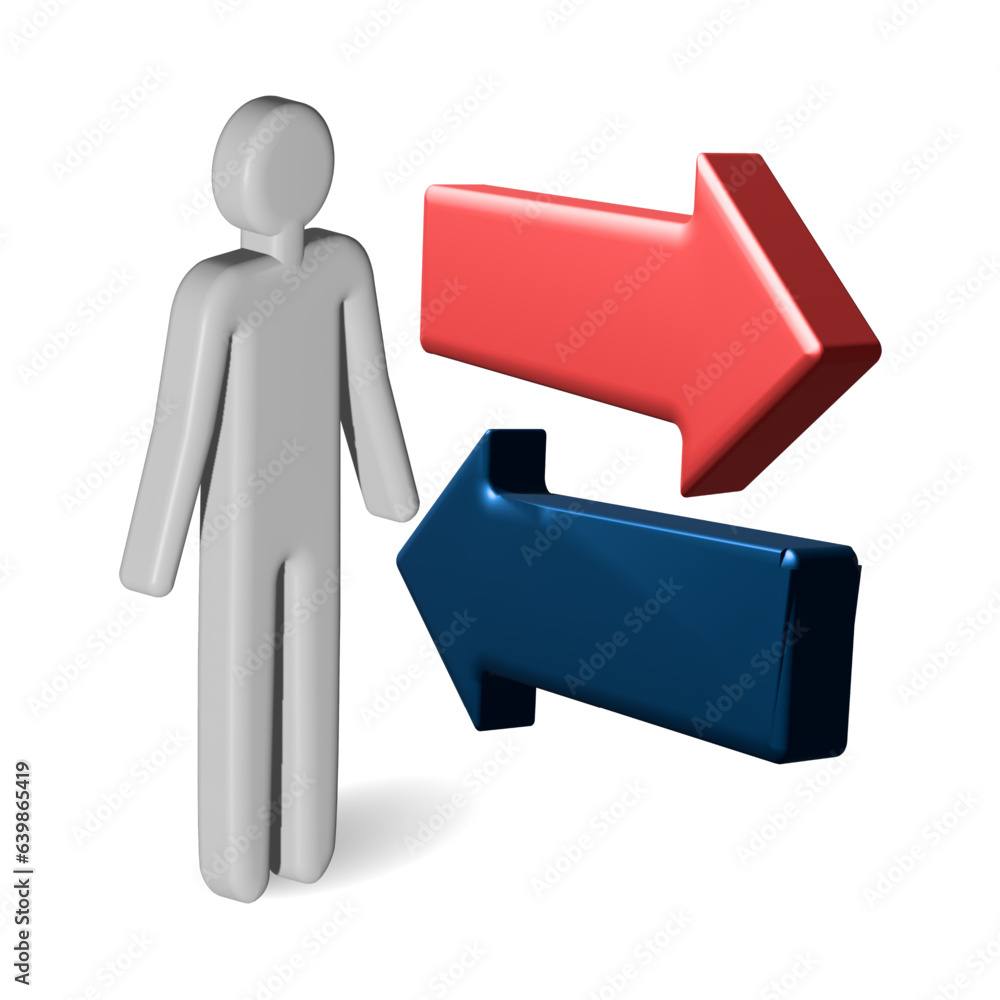 Two-way arrow 3D icon. A man stands near the arrows pointing in ...