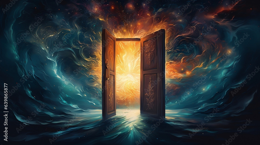 Abstract art of mystical open door in dreams leading to an unknown ...