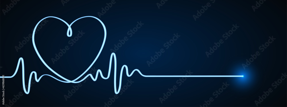 Blue heart and pulse one line hand drawn, cardiogram sign ...