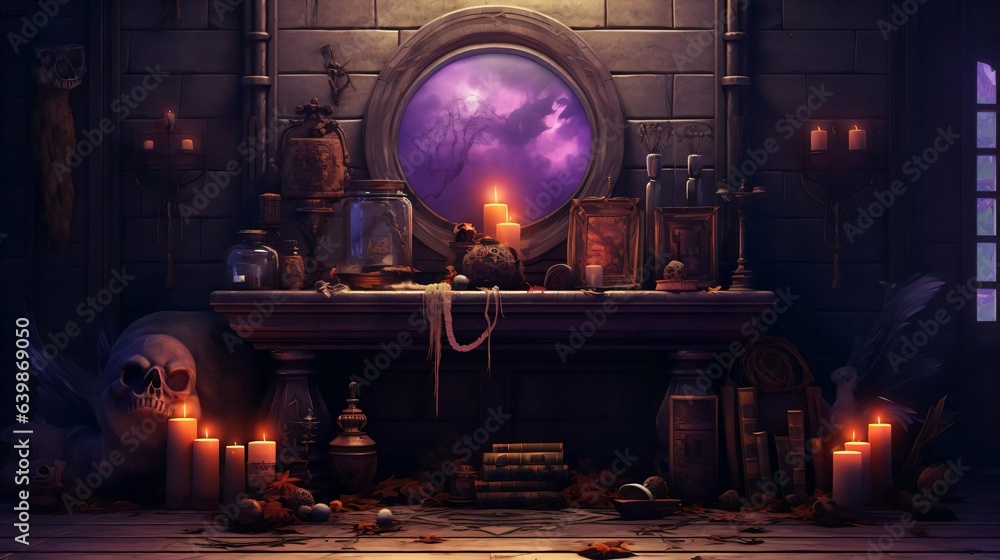 Witch's lair with cauldron, spell books, and broomstick Dark and ...