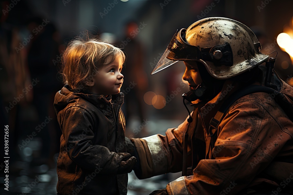 Portrait of rescued little boy with firefighter man standing near fire ...