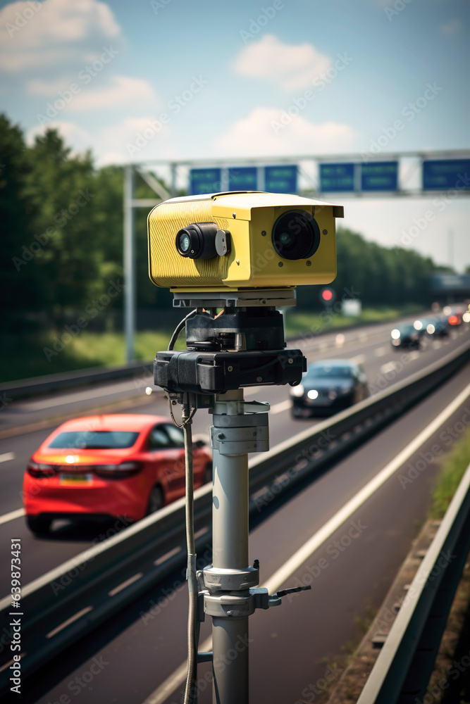 Generative AI illustration of radar camera on the road to control speed ...
