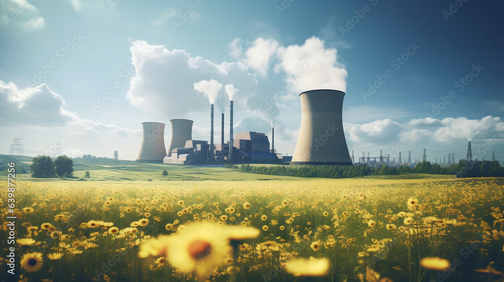 nuclear power station with flower fields in front of it. Save the ...