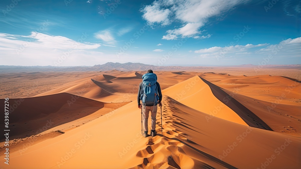 Male hiker, full body, view from behind, standing on a dune in the ...