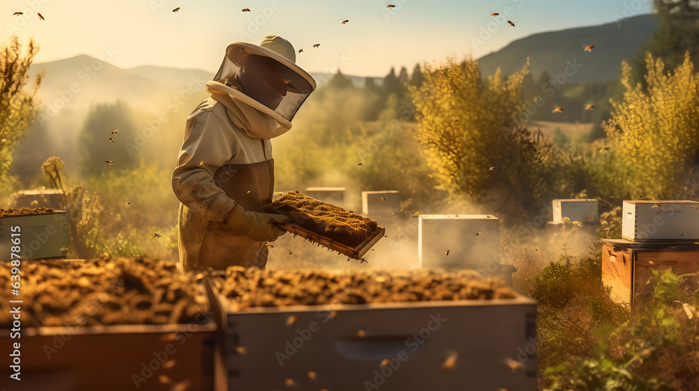 Male beekeeper wearing protective suit checking bee hive, man beekeeper ...
