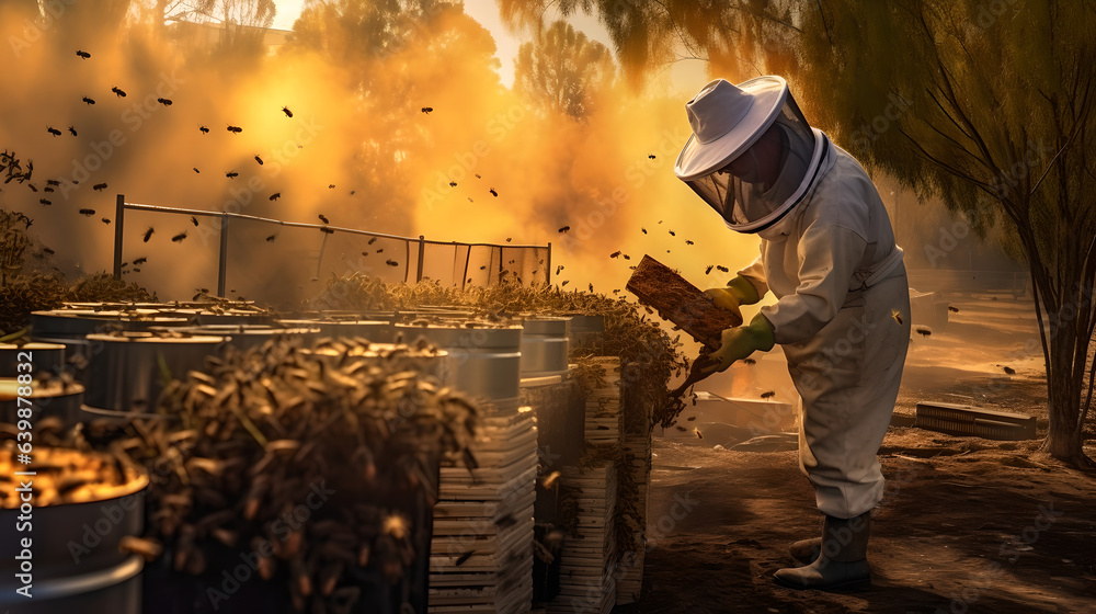 Male beekeeper wearing protective suit checking bee hive, man beekeeper ...