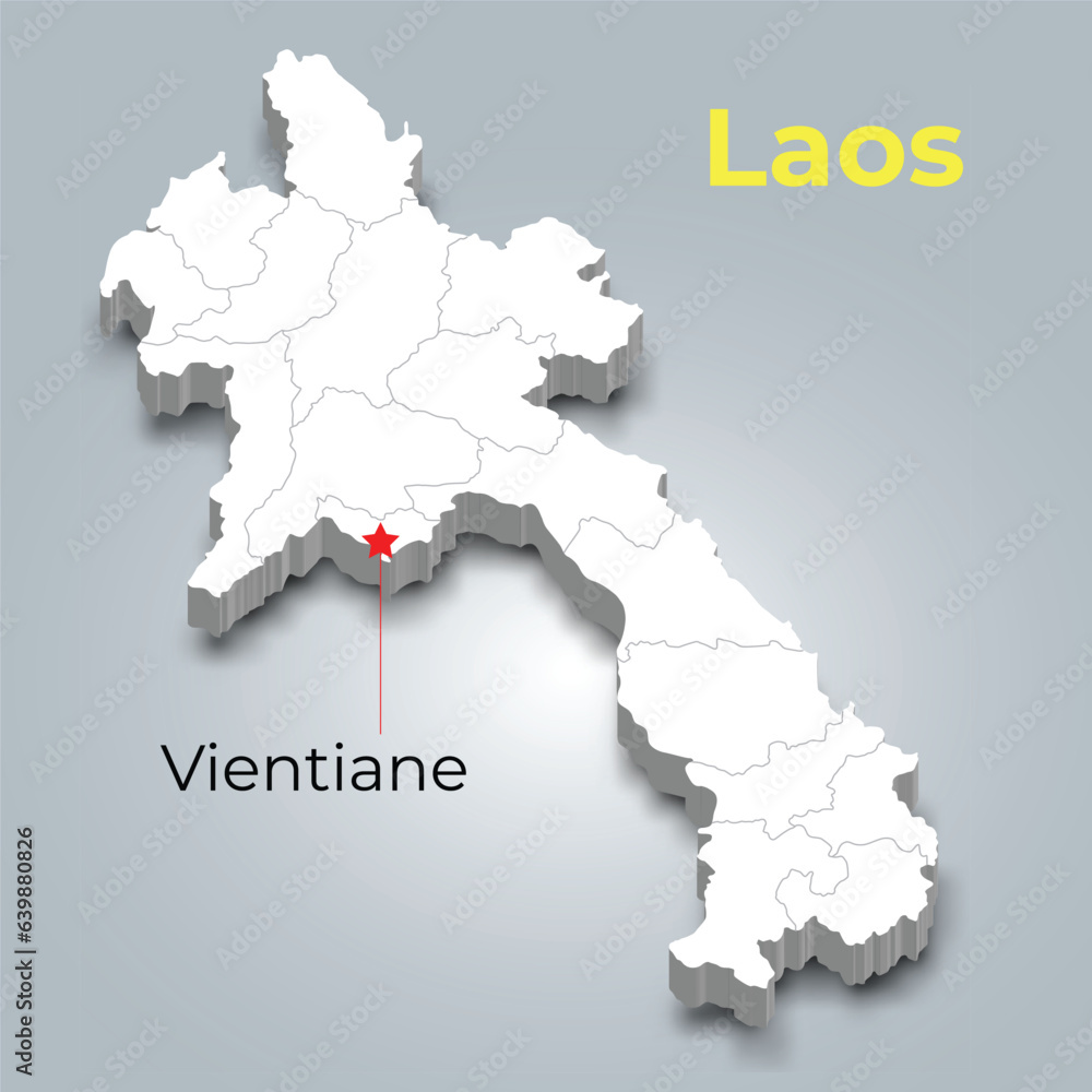 Laos 3d map with borders of regions and it’s capital Stock Vector ...