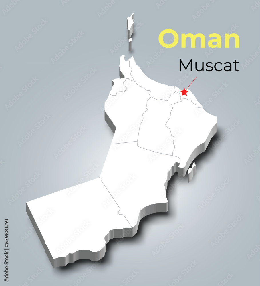Oman 3d map with borders of regions and it’s capital Stock Vector ...