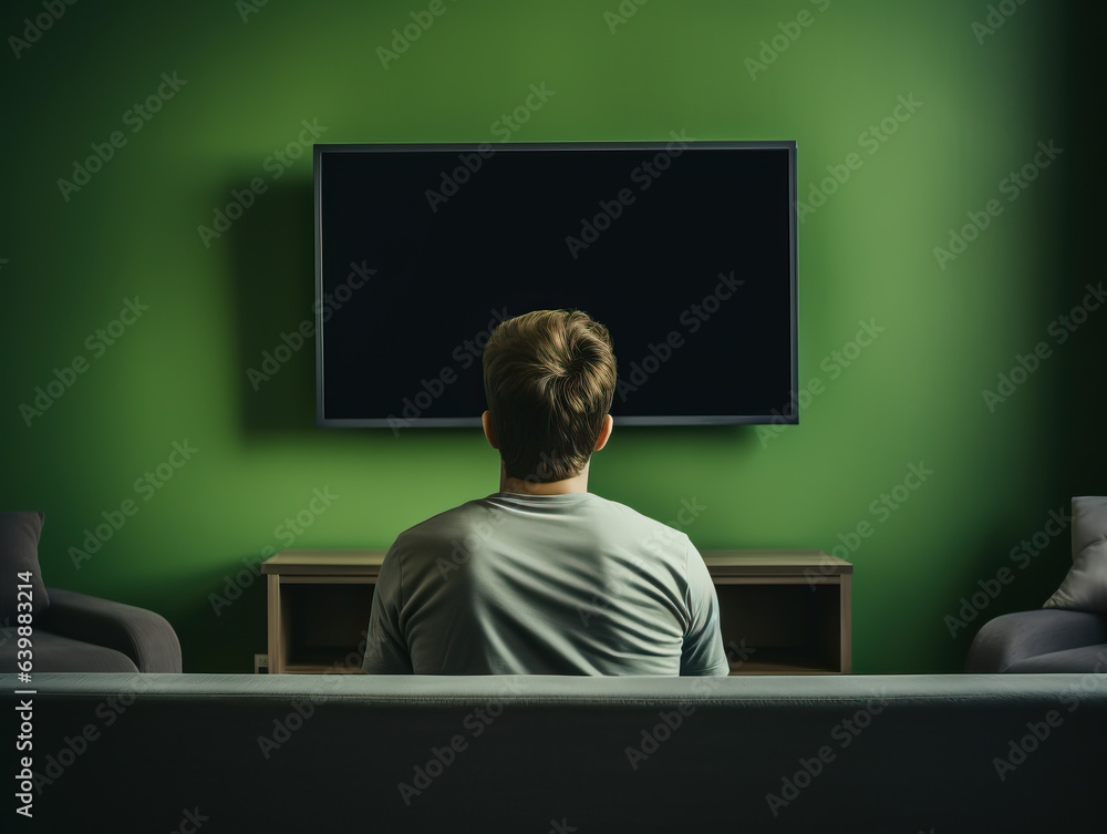 Man in a sofa staring at a TV on a wall. Concept of streaming, binge ...
