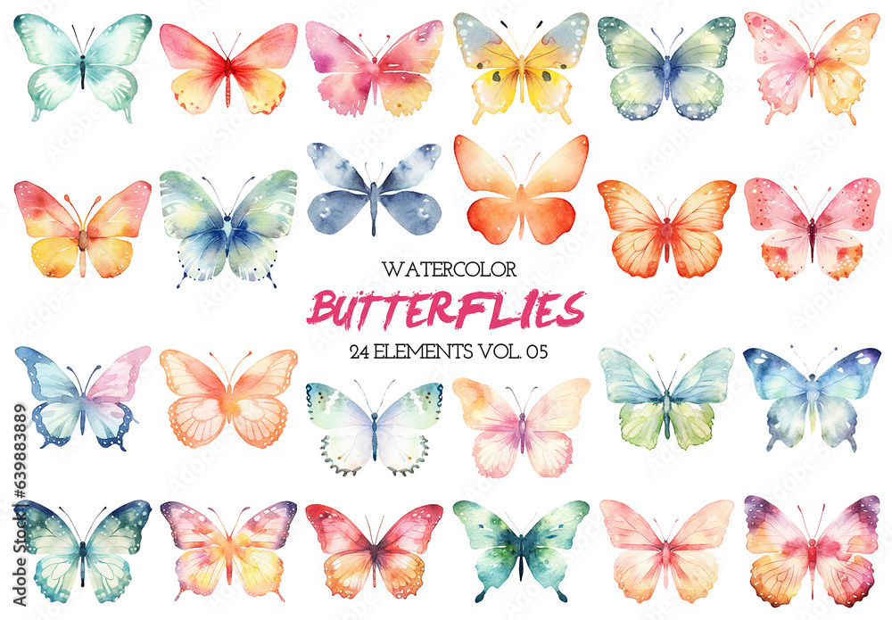Watercolor painted butterflies clipart. Hand drawn design elements ...