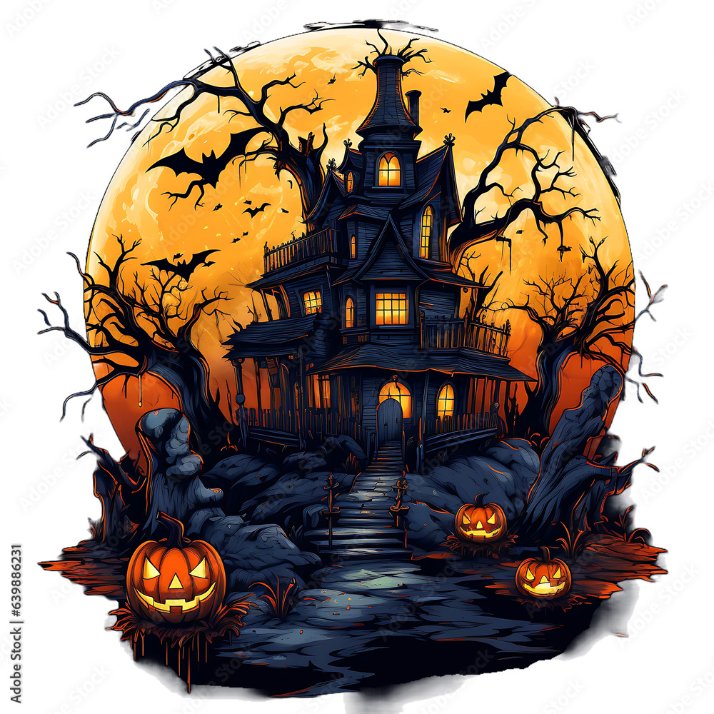 Halloween holiday witch haunted house, pumpkins, bats, spooky forest ...