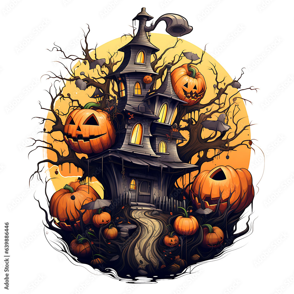 Halloween holiday witch haunted house, pumpkins, bats, spooky forest ...