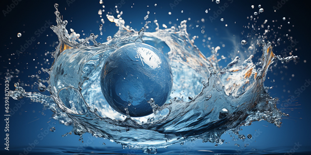 Murmel aus Glas mit Wasser platscht und Spiegelung in blau als ...